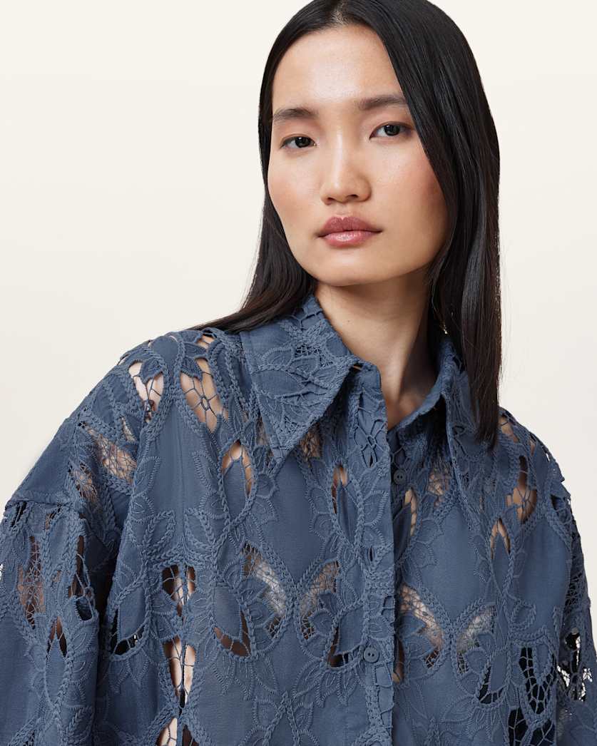 Charli Relaxed Fit Embroidered Shirt Dusty Blue | ALLSAINTS